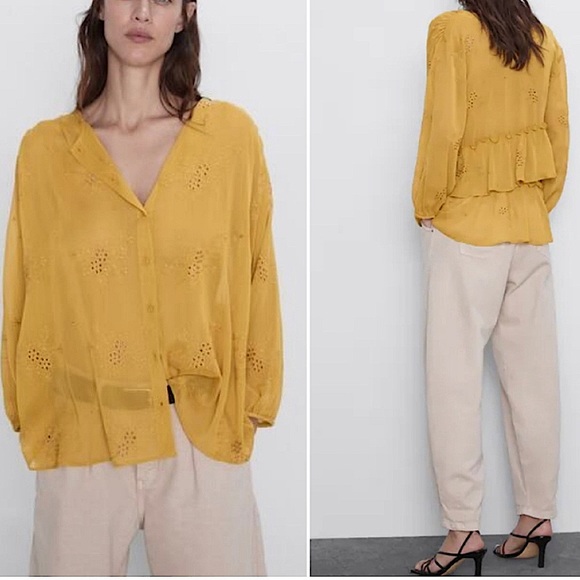 Zara | Tops | Zara Mustard Yellow Eyelet Sheer Blouse | Poshmark